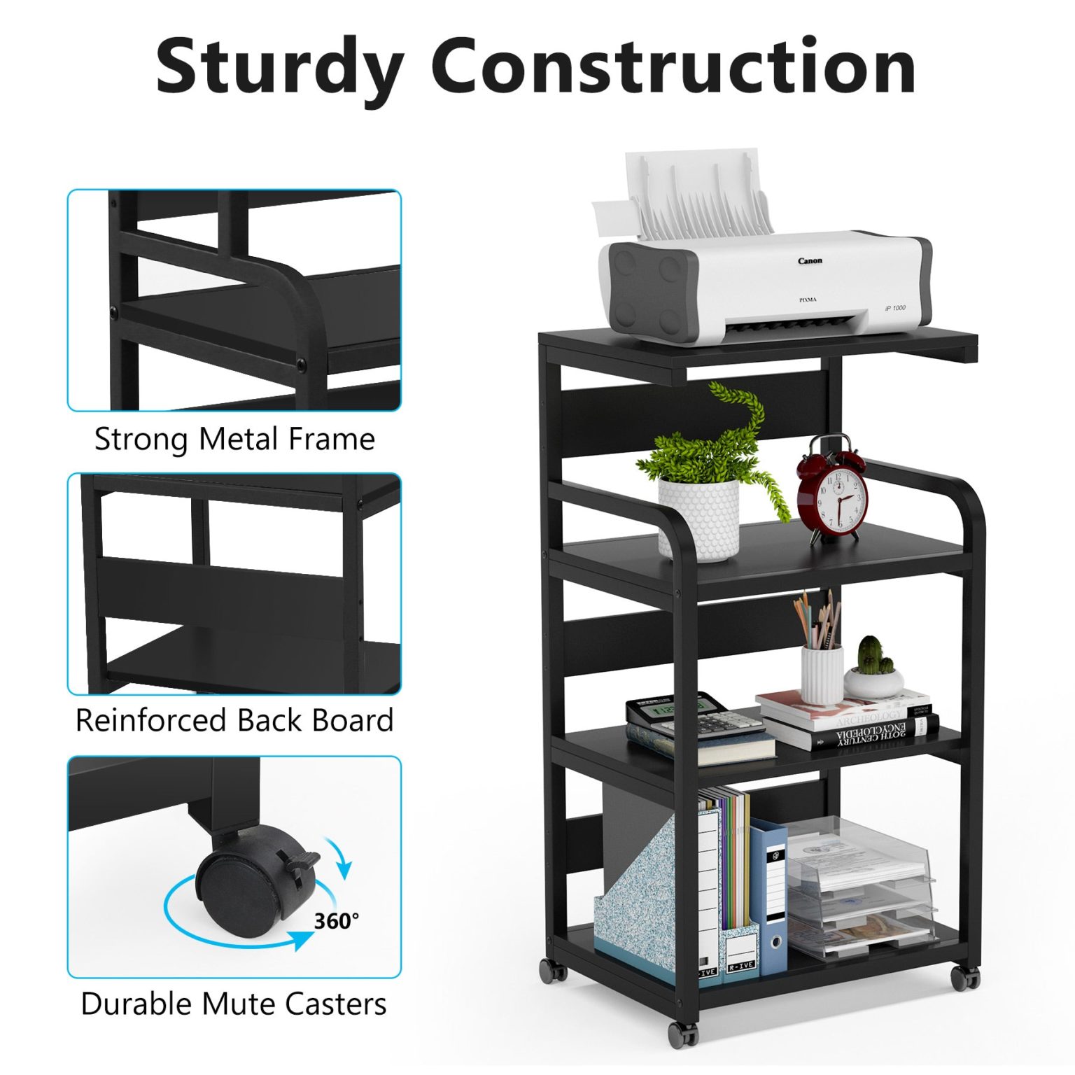 Printer Stand, 4-Shelf Mobile Printer Cart with Storage Shelves ...