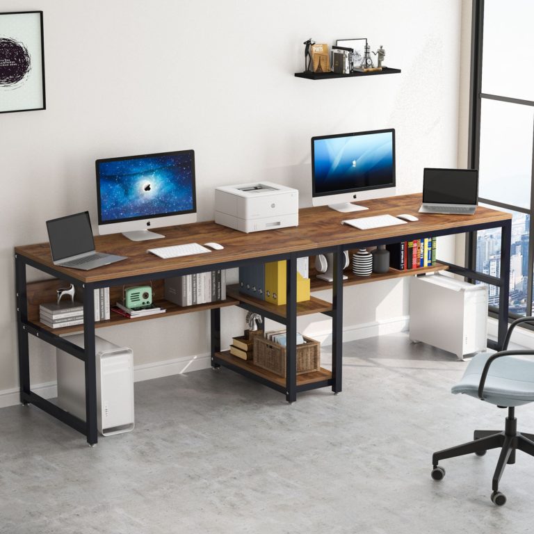 Two Person Desk, Computer Desk Double Workstation with Shelves ...