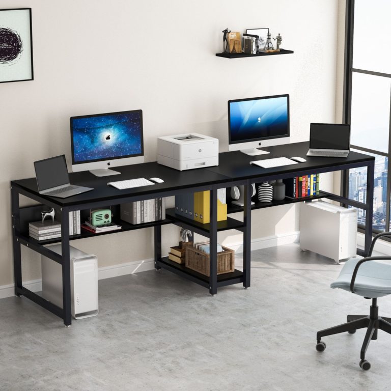 Two Person Desk, Computer Desk Double Workstation with Shelves ...