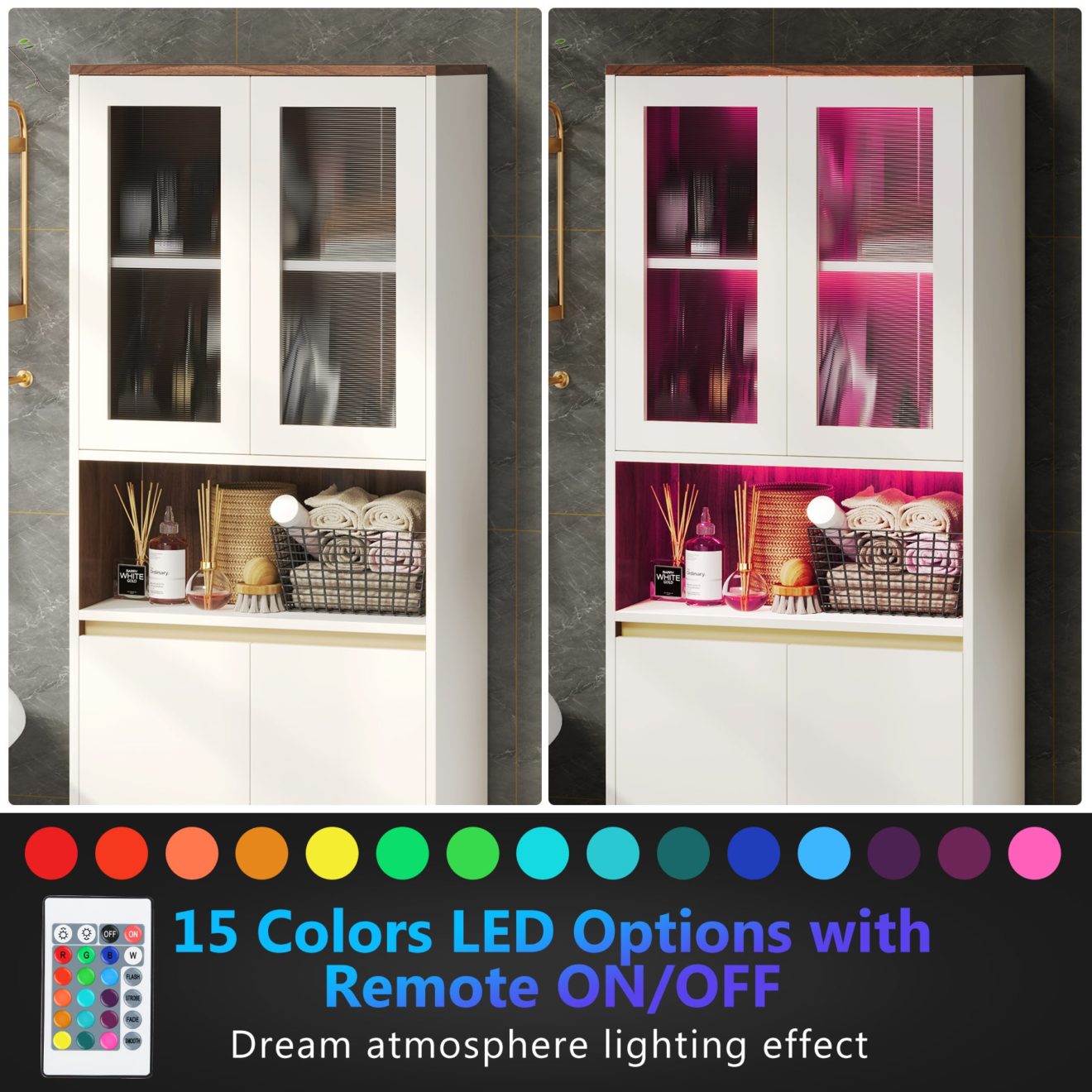 Bookcase, 71” Bookshelf Storage Cabinet with LED Light & Doors ...