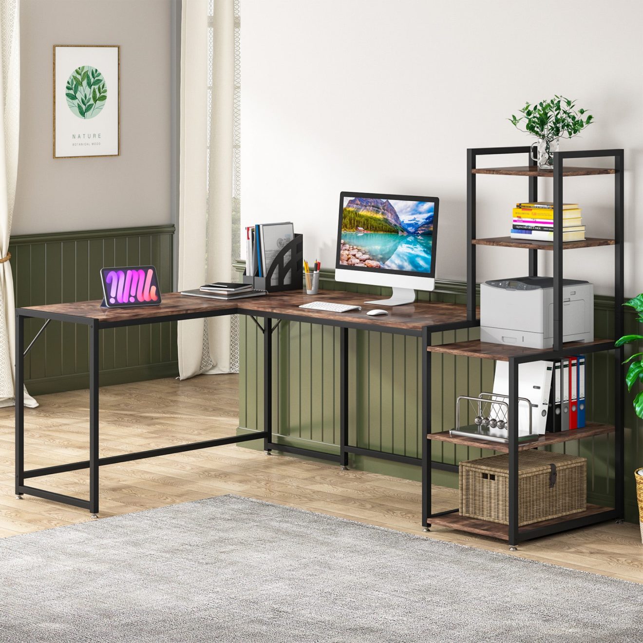 L-Shaped Desk, Reversible Corner Computer Desk with 5 Tier Shelves ...