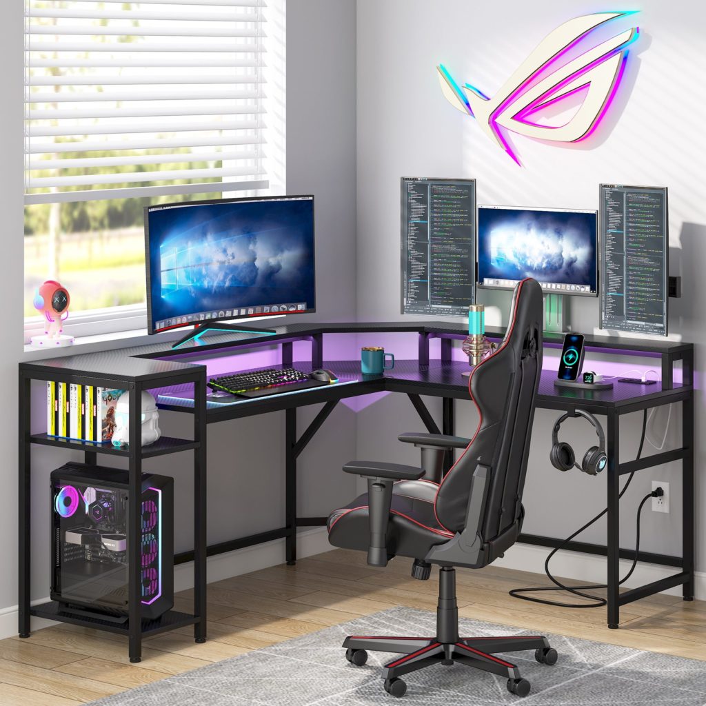 Gaming Desk, L-Shaped Computer Desk with Power Outlets & LED Strips ...