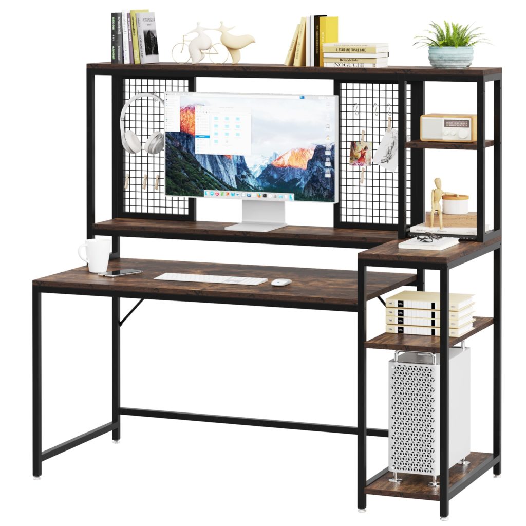 Computer Desk, 59″ Gaming Desk with Monitor Stand & Storage Shelves ...