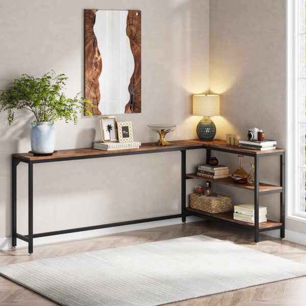 L-Shaped Console Table, Reversible Sofa Table with 3-Tier Shelves ...