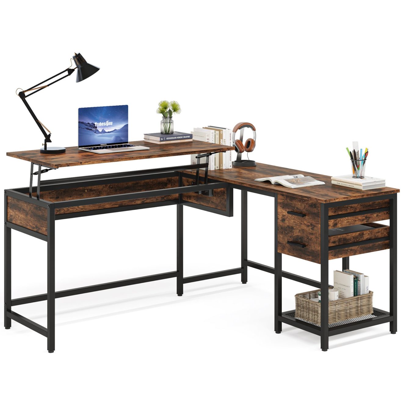 Lift Top L-Shaped Desk, Computer Corner Desks with Drawers – MecaWorks ...