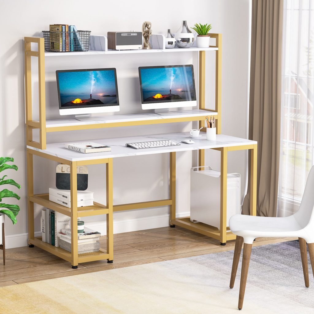 Computer Desk, 140 CM Hutch Desk Writing Table with Monitor Stand ...