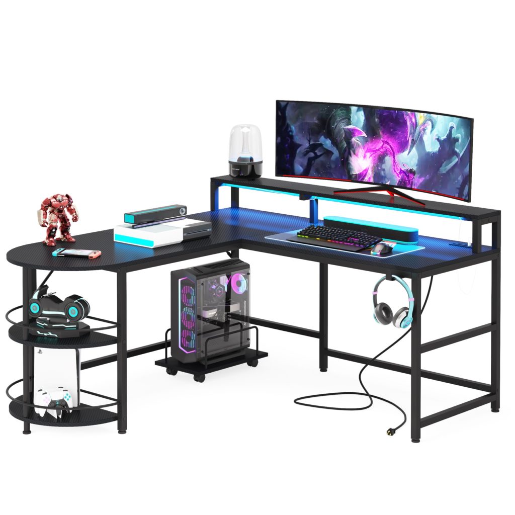 Gaming Desk, L Shaped Computer Desk with LED Strip & Shelves ...