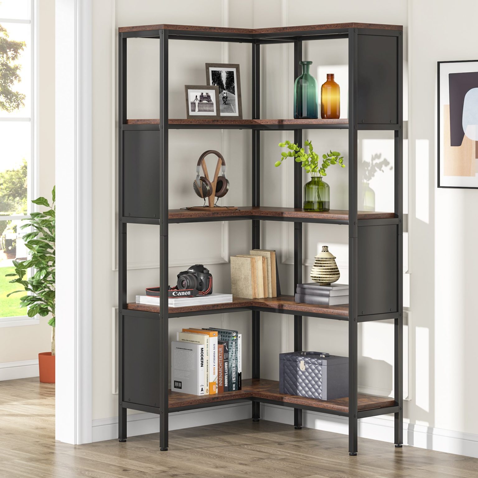 Corner Bookshelf, Industrial 5-Tier L-Shaped Bookcase with Safety ...