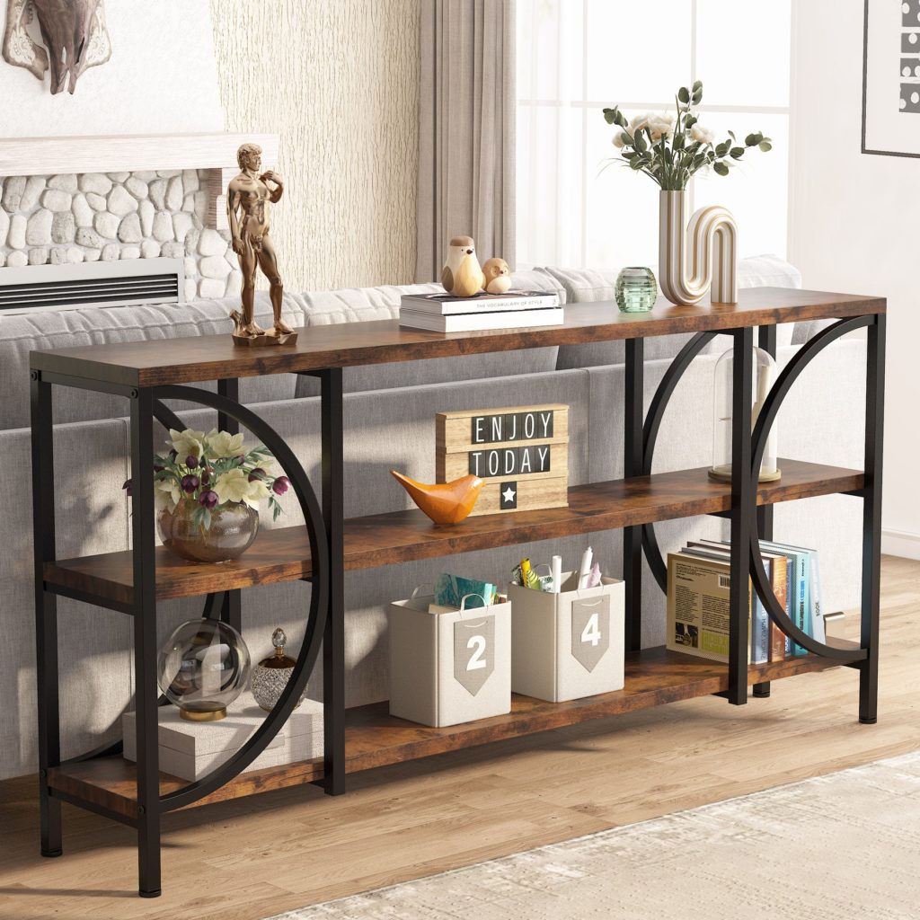 Console Table, 180 CM Sofa Entryway Table with 3 Tier Storage Shelves ...