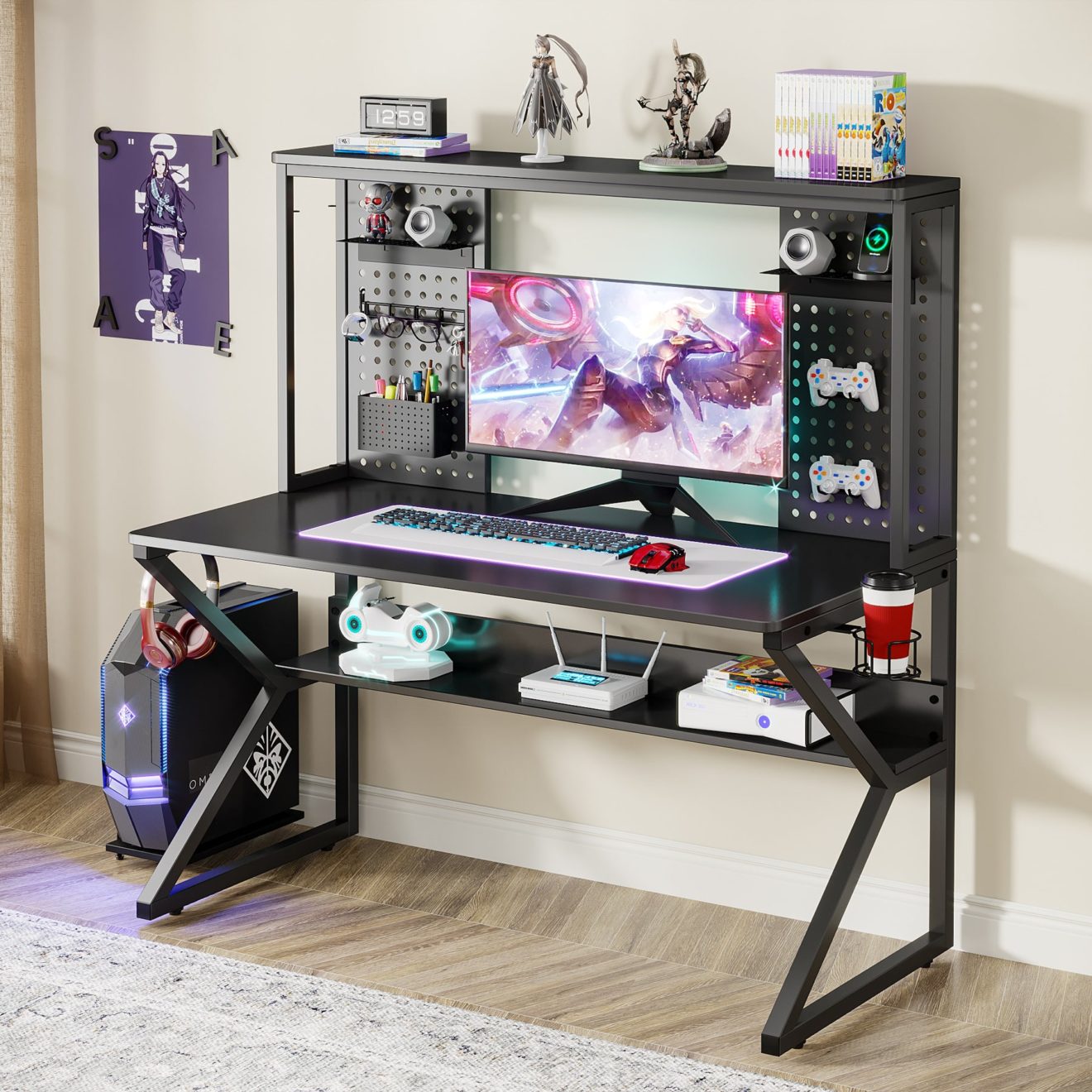 Gaming Desk, 47’’ Computer Desk with Shelves & K-Shaped Leg – MecaWorks ...