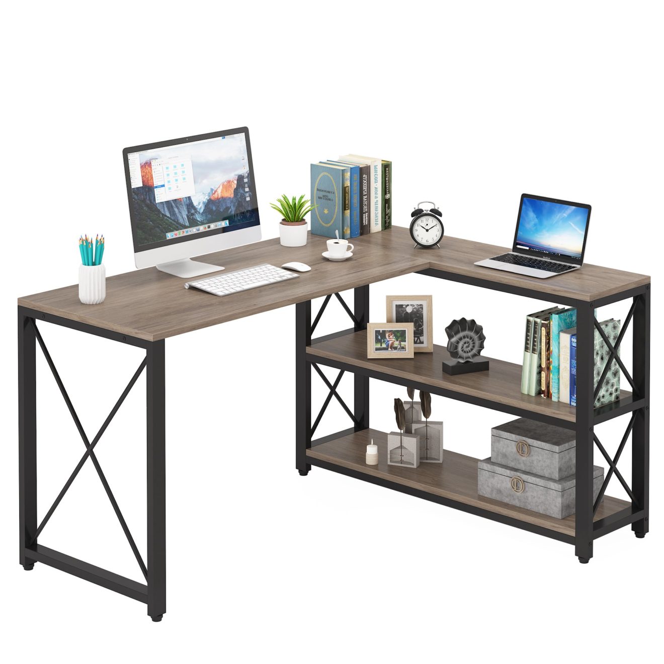 L-Shaped Desk, Reversible Corner Computer Desk with Shelves – MecaWorks ...