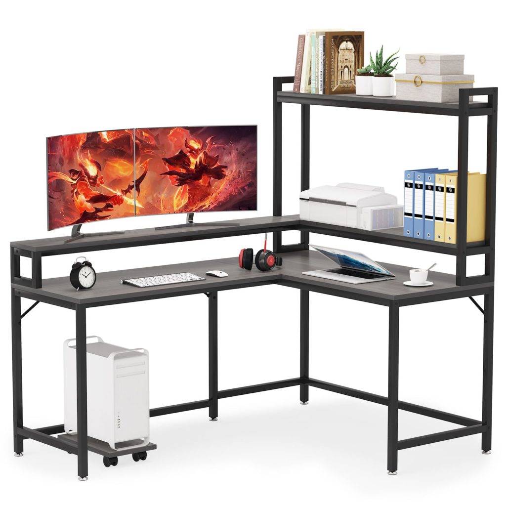 L-Shaped Desk, Corner Computer Desk with Hutch and Monitor Stand ...