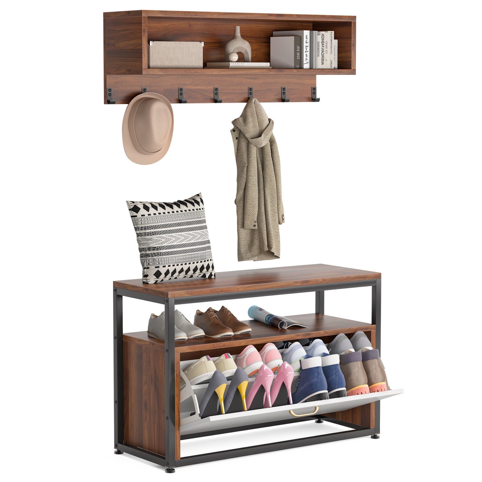 Coat Rack Shoe Bench Set, Hall Tree Shoe Rack with Flip Drawer ...