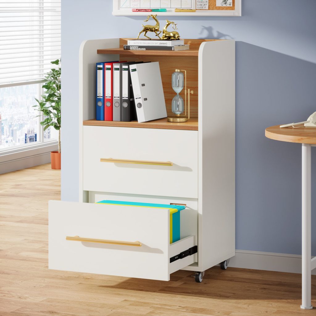 File Cabinet, 2 Drawer Rolling Filing Cabinet with Open Shelves ...