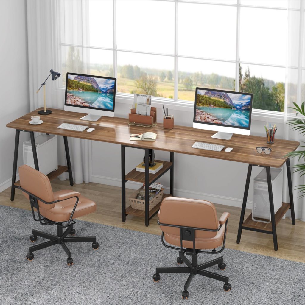 Two Person Desk, 94.5″ Double Computer Desk with Storage Shelves ...
