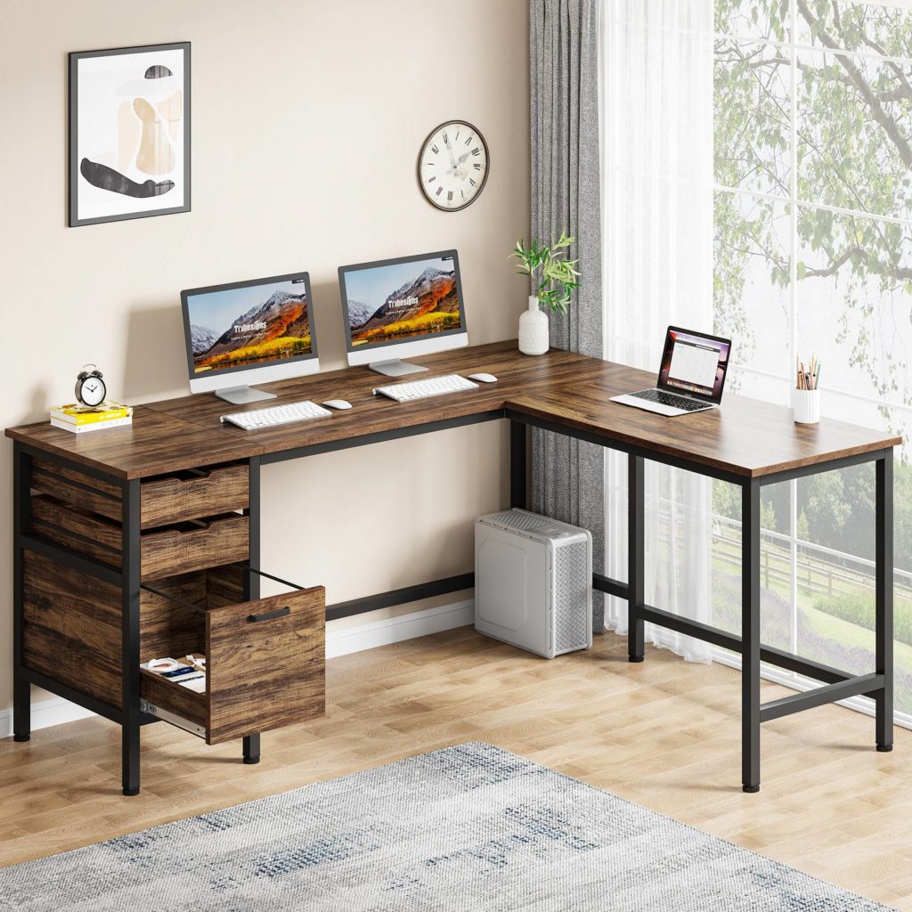 L-Shaped Desk, 59″ Corner Computer Desk with Storage Drawers ...