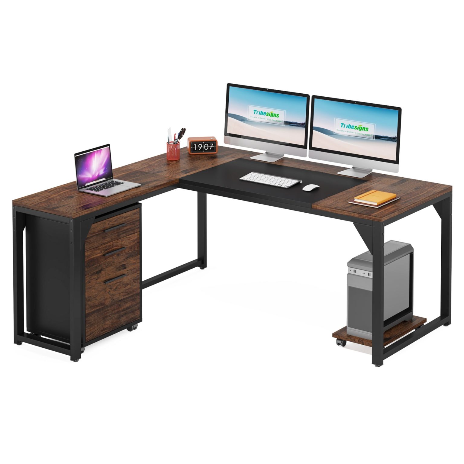 L-Shaped Desk, 63″ Executive Computer Desk with Mobile File Cabinet ...