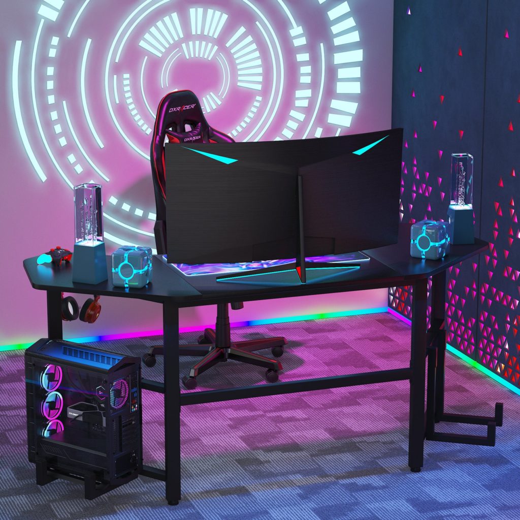 Gaming Desk, 66.5″ Ergonomic Wing-Shaped Computer Studio Desk ...