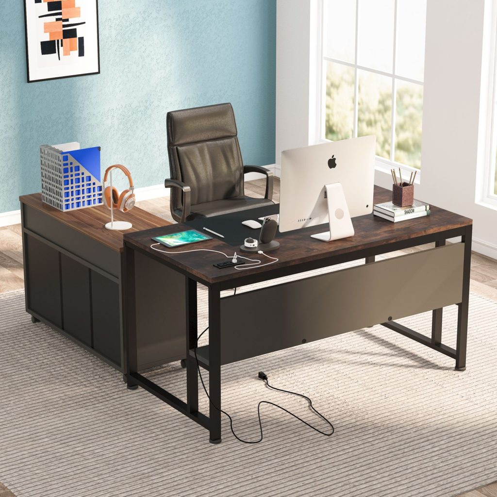 L-Shaped Desk, 140 CM Executive Computer Desk with File Cabinet & Power ...