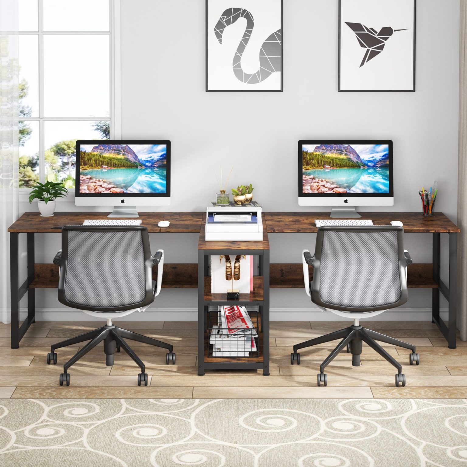 Two Person Desk, 94.5″Computer Desk with Shelves and Tiltable Tabletop ...