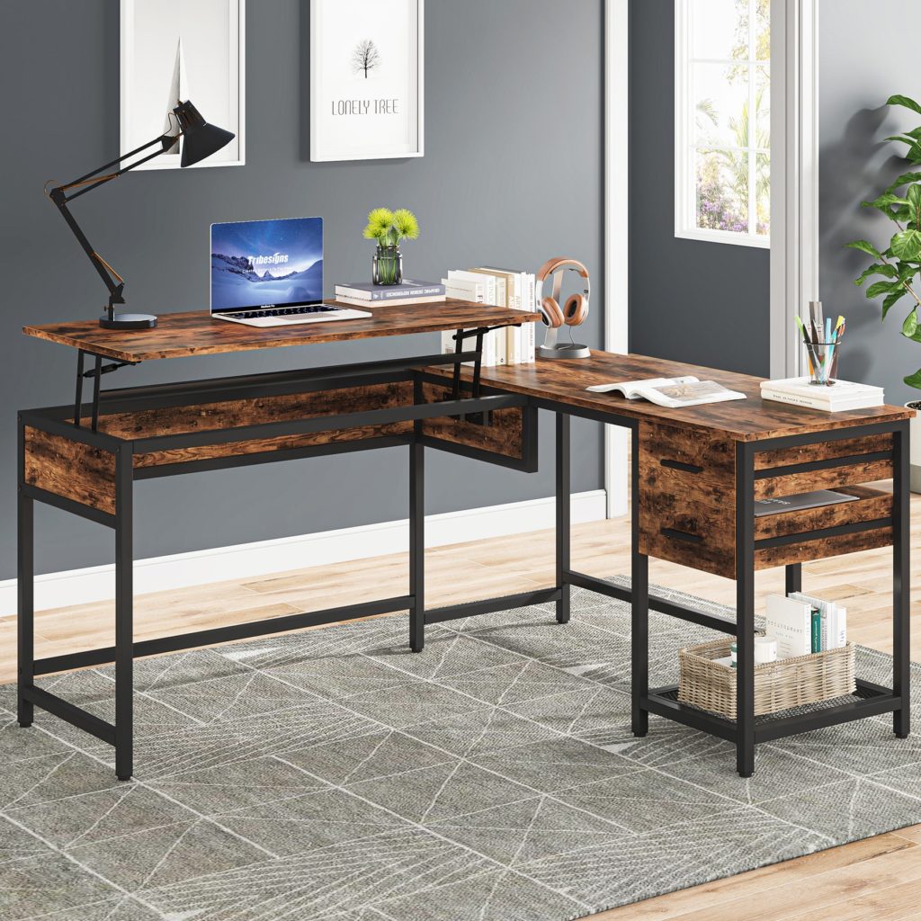 Lift Top L-Shaped Desk, Computer Corner Desks with Drawers – MecaWorks ...