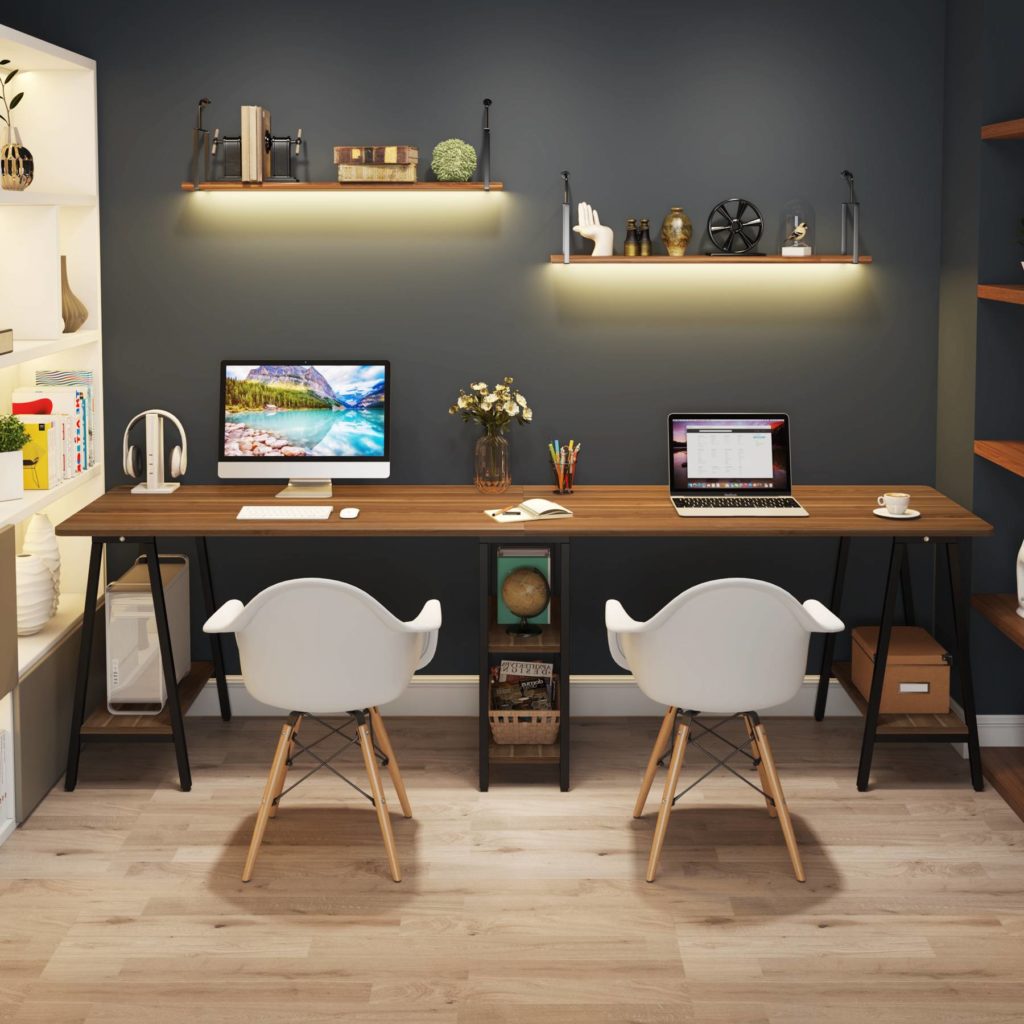 Two Person Desk, 94.5″ Double Computer Desk with Storage Shelves ...
