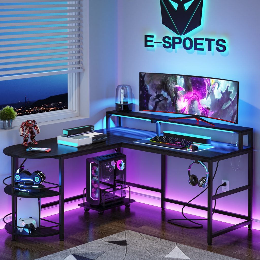 Gaming Desk, L Shaped Computer Desk with LED Strip & Shelves ...