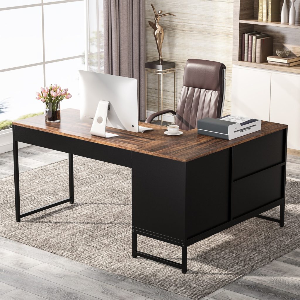 L-Shaped Desk, 60″ Corner Computer Desk with File Cabinet – MecaWorks ...