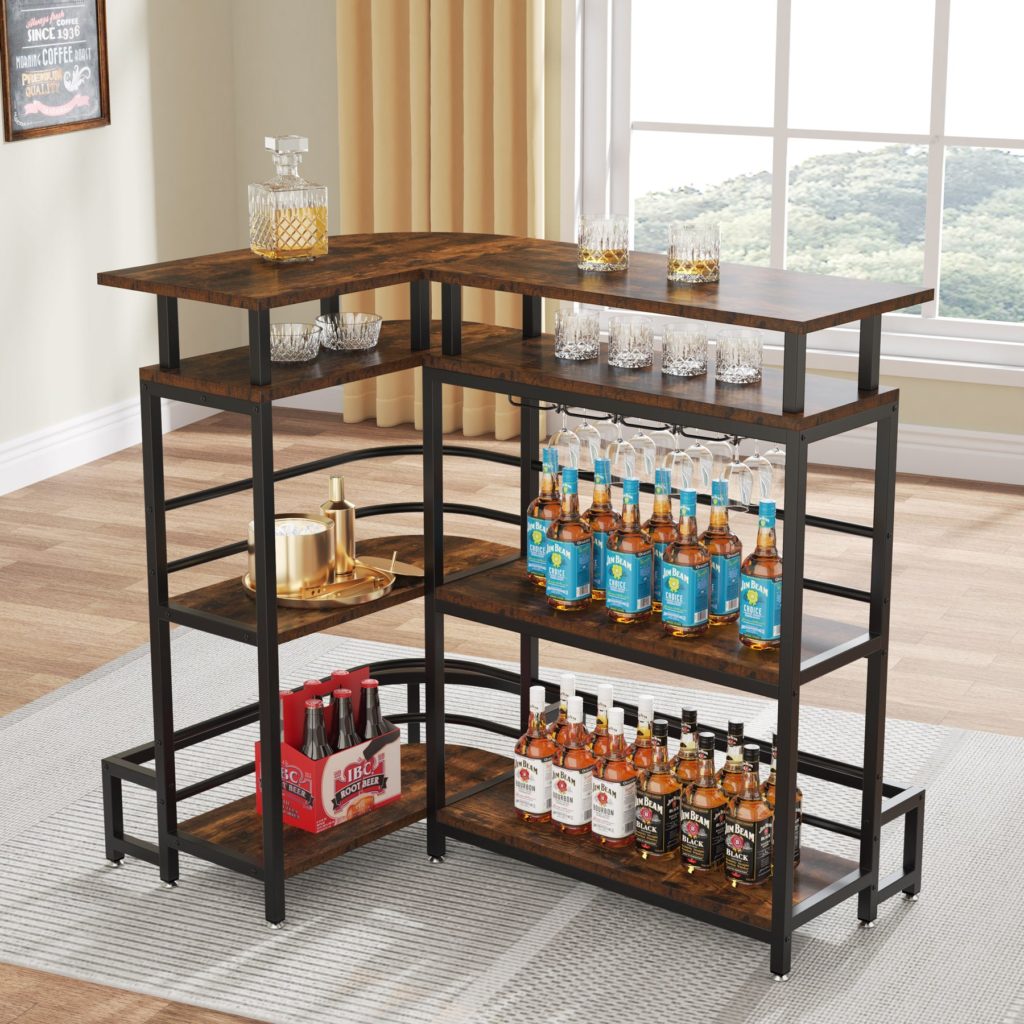 Bar Unit, L-Shaped Liquor Bar Table with 4 Tier Shelves & 4 Glass ...