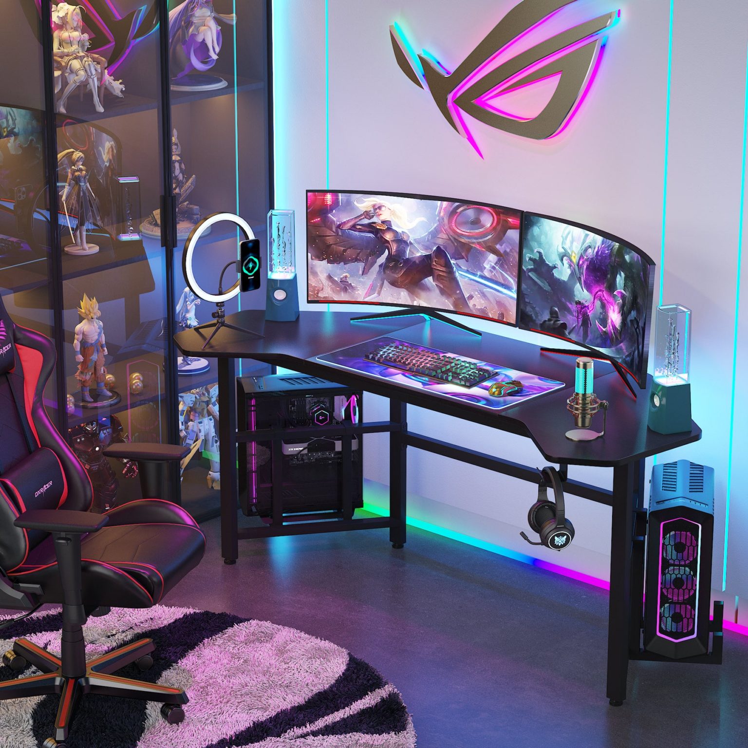 Gaming Desk, 169 CM Ergonomic Wing-Shaped Computer Studio Desk ...