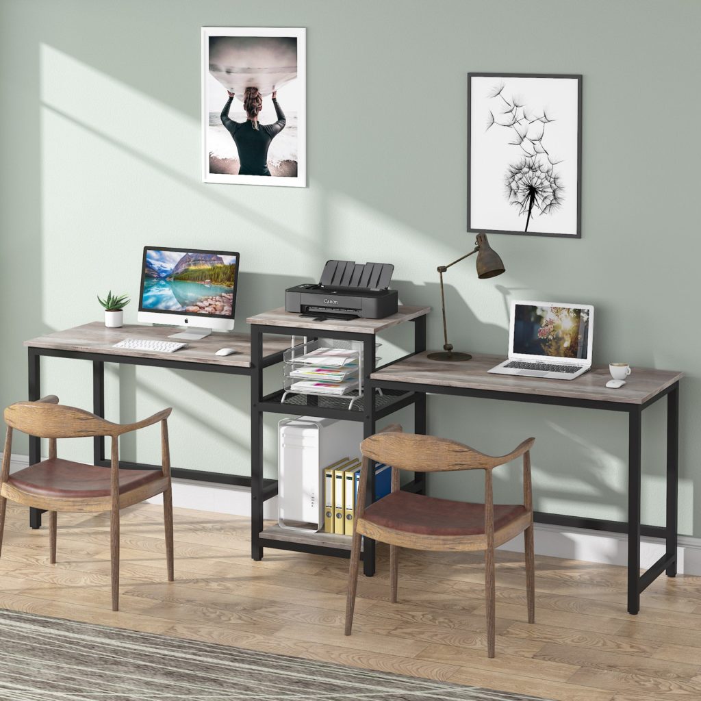Two Person Desk, 96.9″ Double Computer Desk with Storage Shelves ...