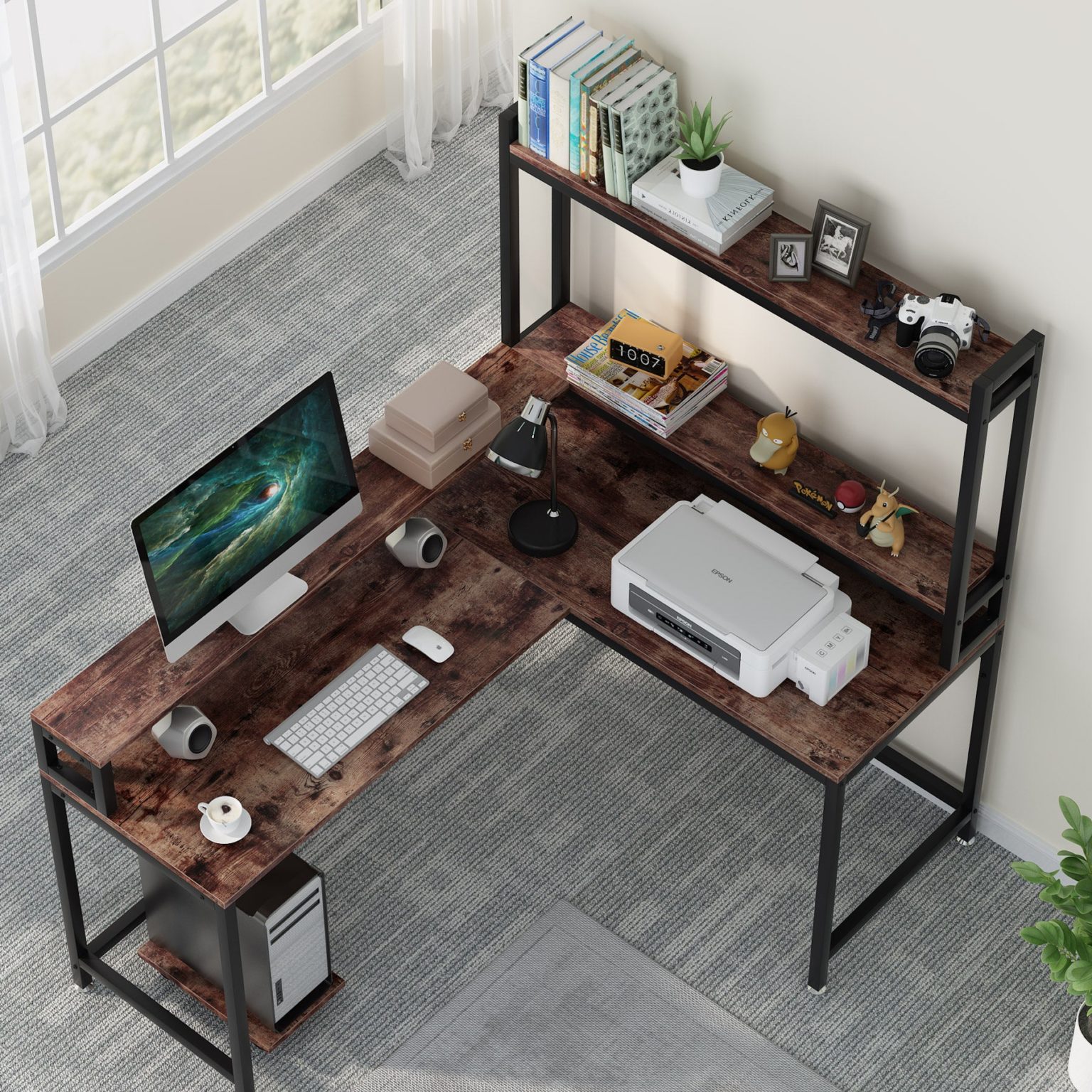 L-Shaped Desk, Corner Computer Desk with Hutch and Monitor Stand ...
