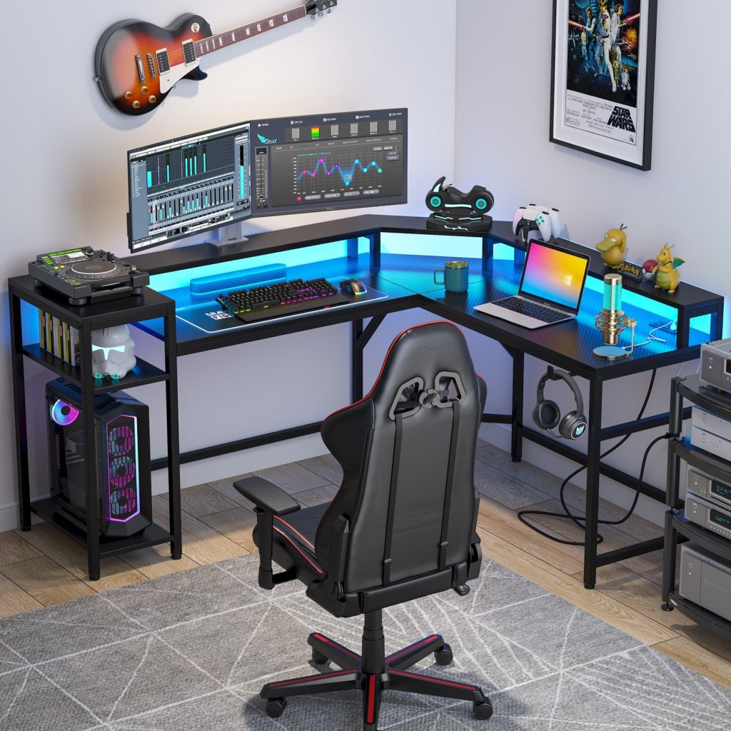 Gaming Desk, L-Shaped Computer Desk with Power Outlets & LED Strips ...