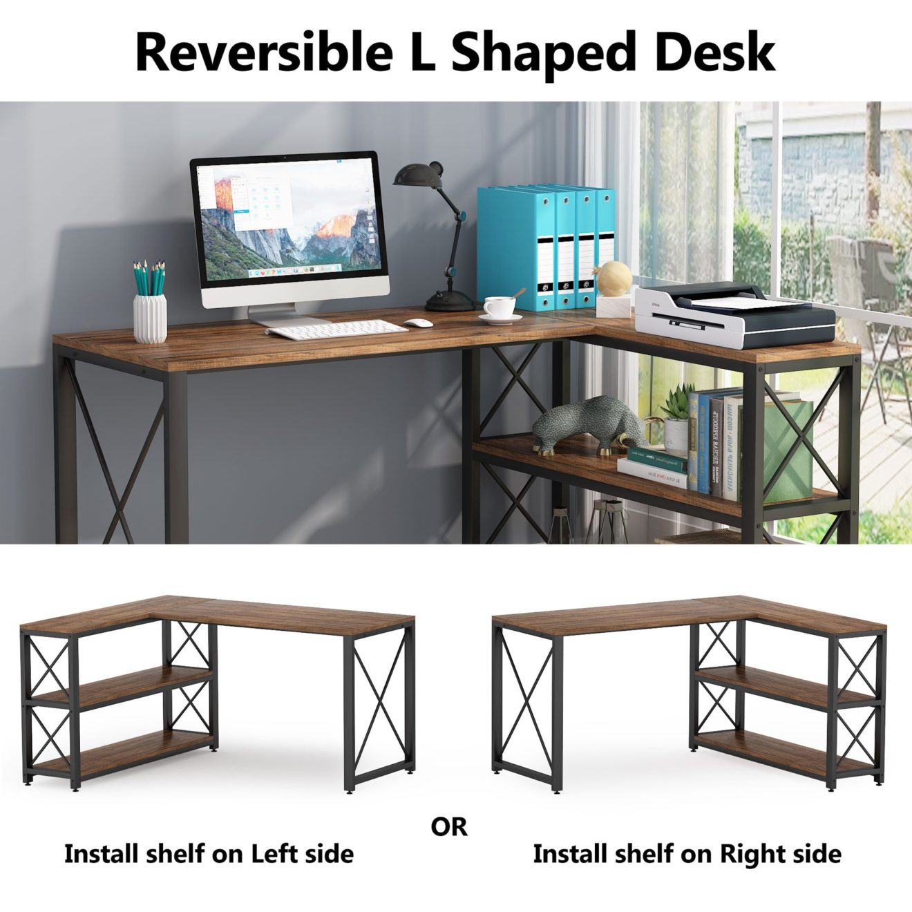 L-Shaped Desk, Reversible Corner Computer Desk with Shelves – MecaWorks ...