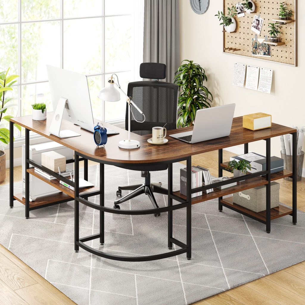 L-Shaped Desk, 59″ Reversible Corner Computer Desk with Storage Shelves ...