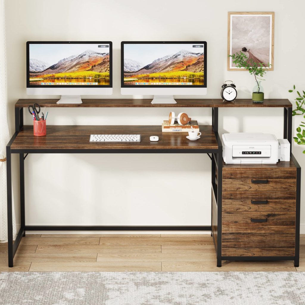 Computer Desk, 63″ Home Office Desk with Drawers & Monitor Stand ...