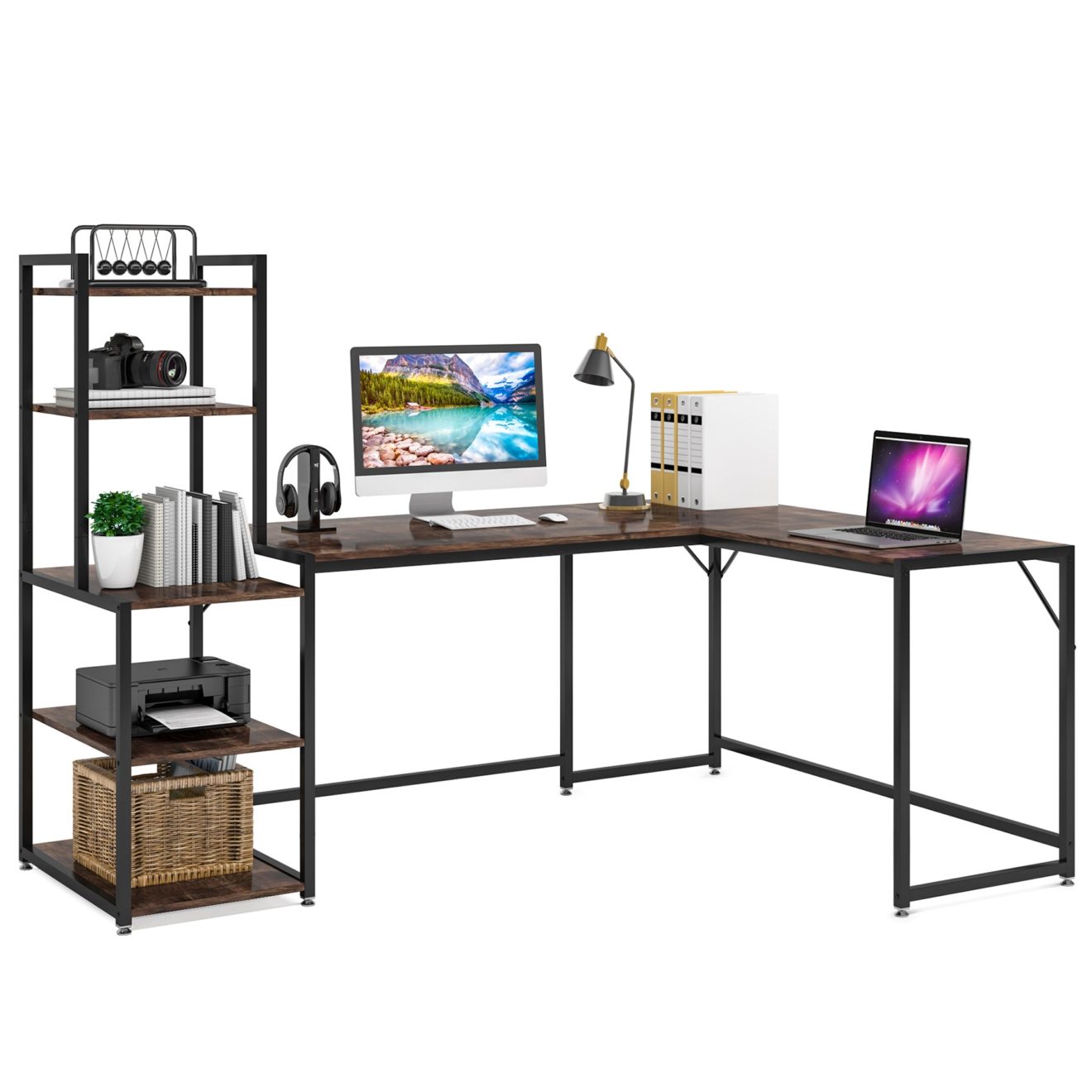 L-Shaped Desk, Reversible Corner Computer Desk with 5 Tier Shelves ...