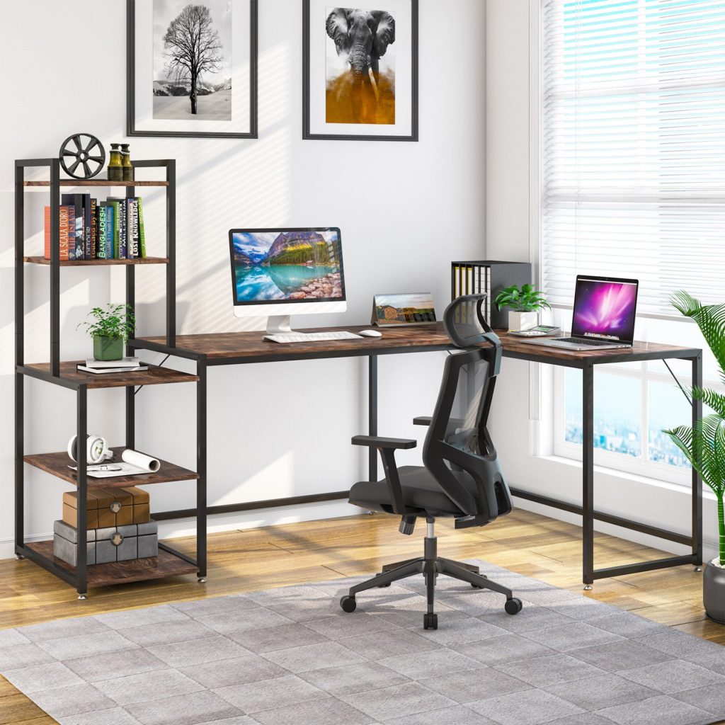 L-Shaped Desk, Reversible Corner Computer Desk with 5 Tier Shelves ...
