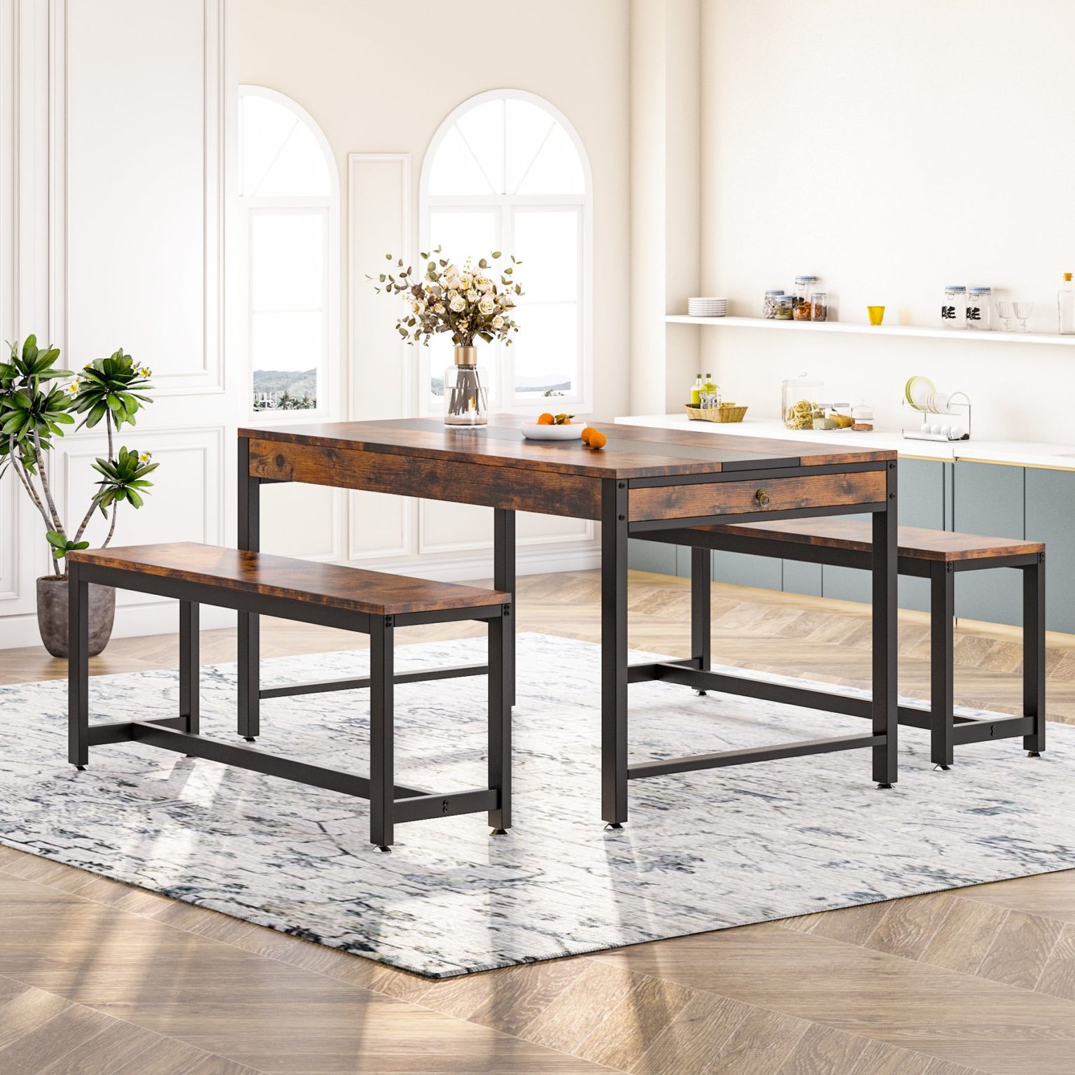 Dining Table Set, Kitchen Breakfast Table with 2 Benches & Sided Drawer ...