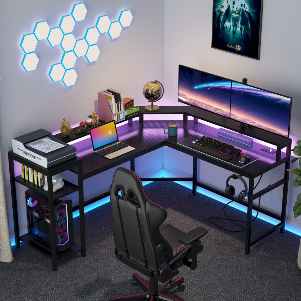 Gaming Desk, L-Shaped Computer Desk with Power Outlets & LED Strips ...