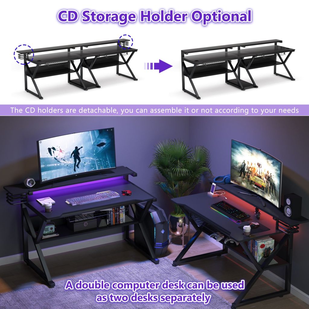 Gaming Desk, 259 CM Two Person Computer Desk with Shelves – MecaWorks ...