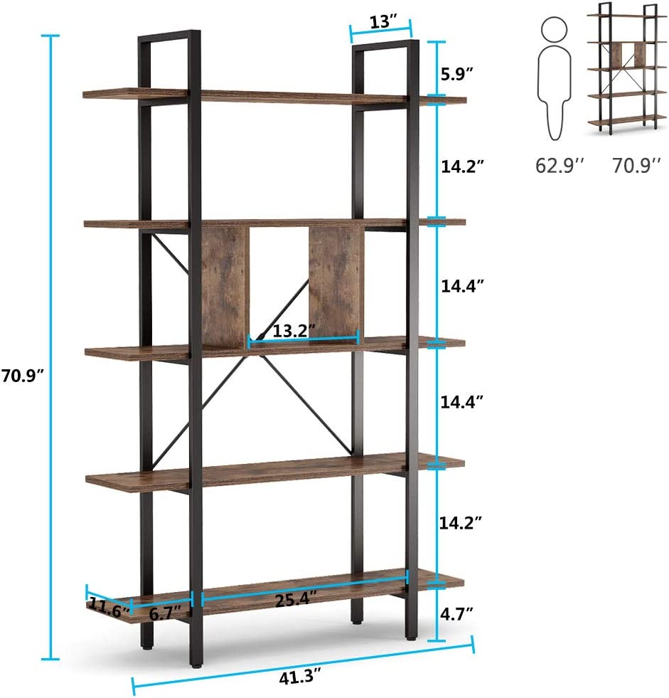Bookshelf, 5-Tier Industrial Bookcase Display Storage Shelf – MecaWorks ...