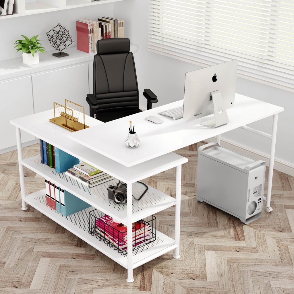 Rotating Desk, Modern L-Shaped Desk with Storage Shelves – MecaWorks ...