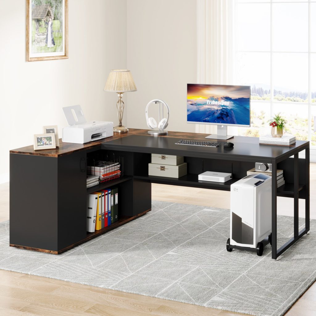 L-Shaped Desk, 71 inch Executive Desk with Shelves & Cabinet ...