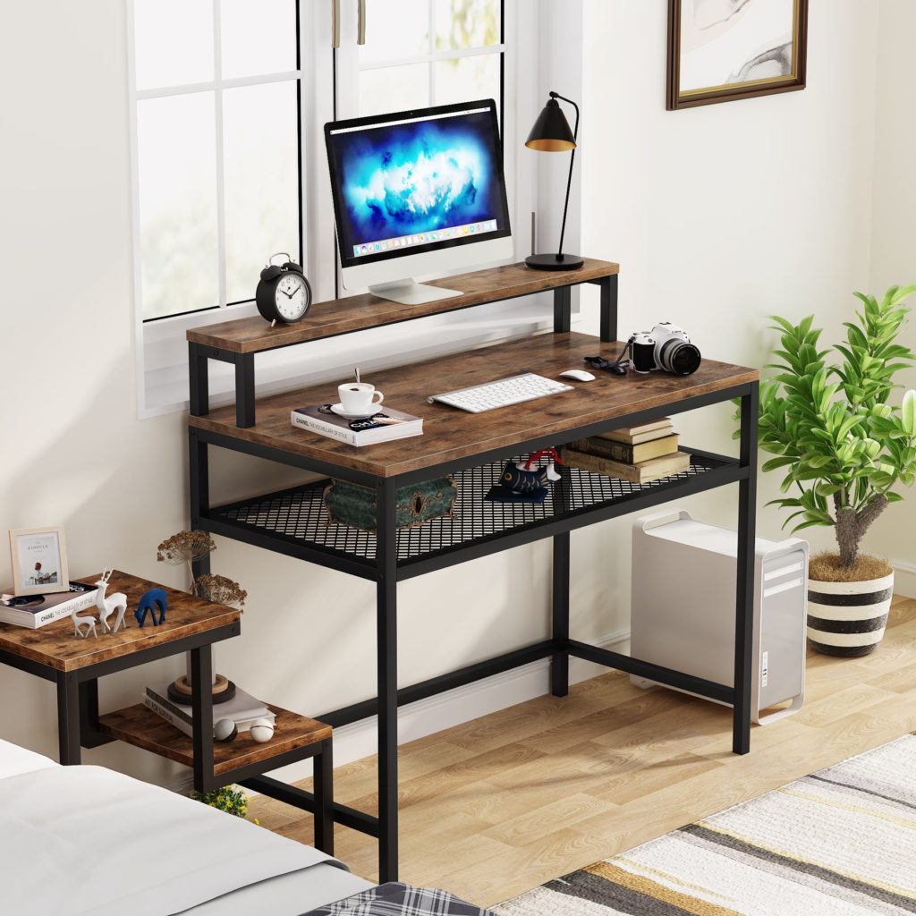 Computer Desk, Industrial Writing Desk with Monitor Stand – MecaWorks ...