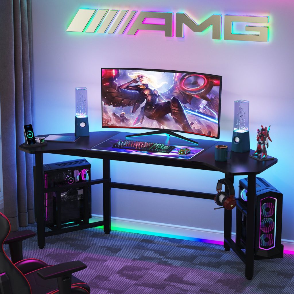 Gaming Desk, 66.5″ Ergonomic Wing-Shaped Computer Studio Desk ...
