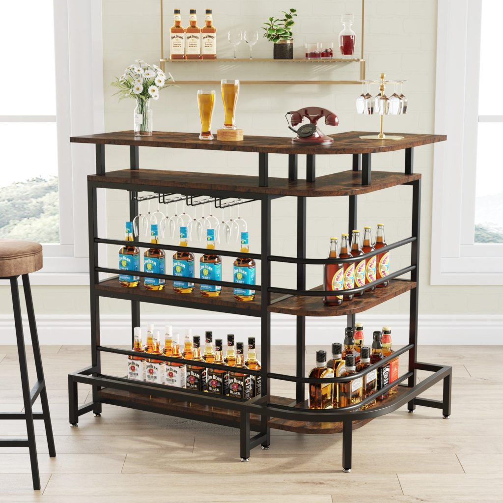Bar Unit, L-Shaped Liquor Bar Table with 4 Tier Shelves & 4 Glass ...