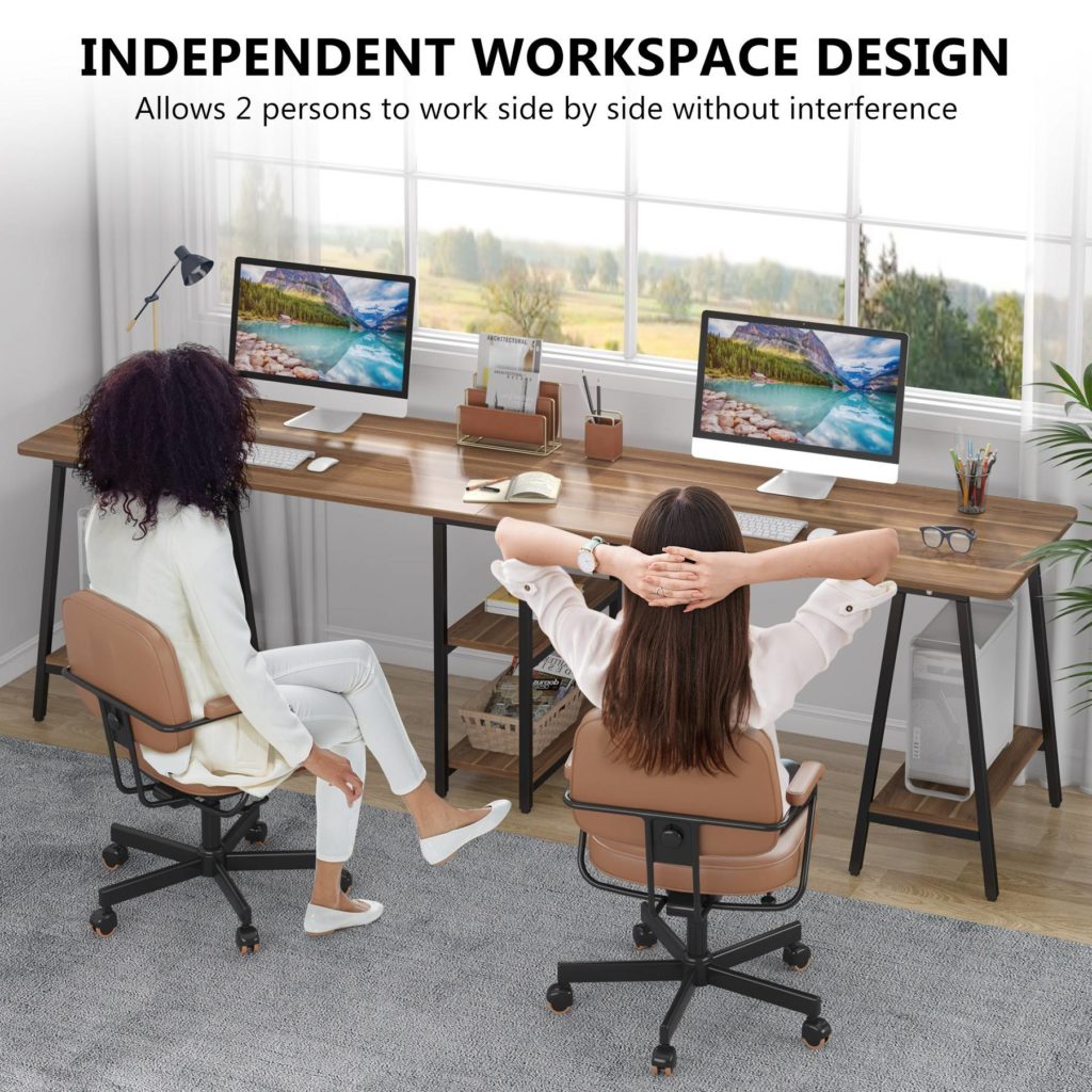 Two Person Desk, 94.5″ Double Computer Desk with Storage Shelves ...