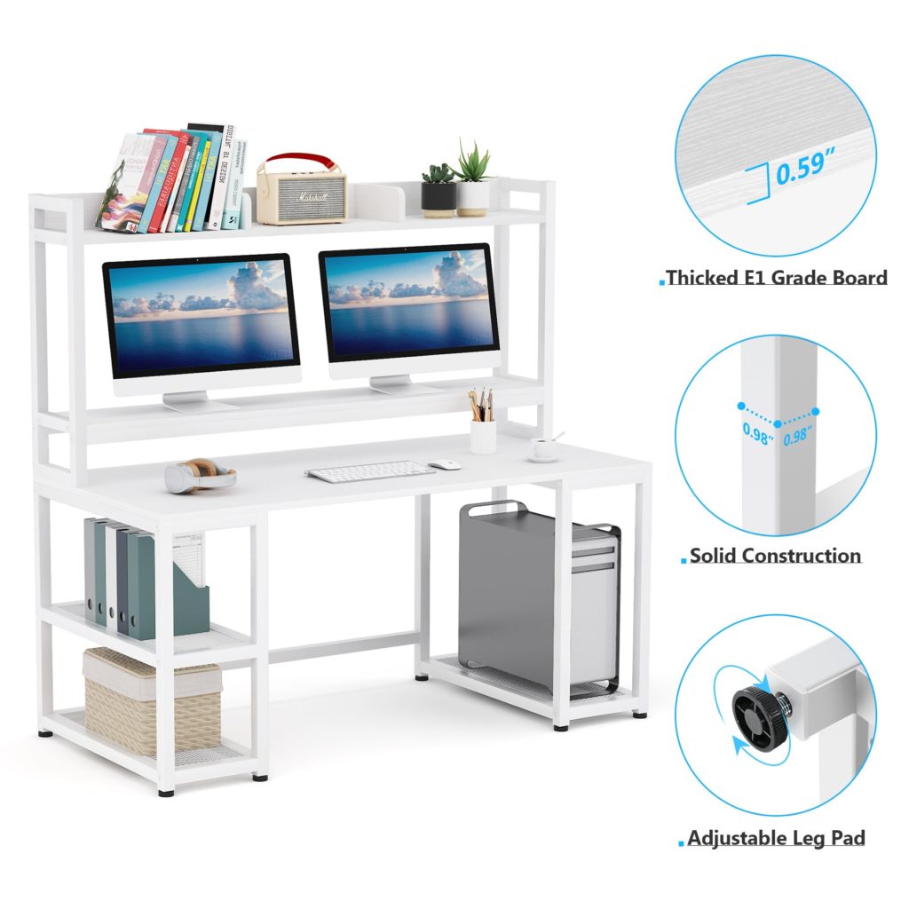 Computer Desk, 140 CM Hutch Desk Writing Table with Monitor Stand ...