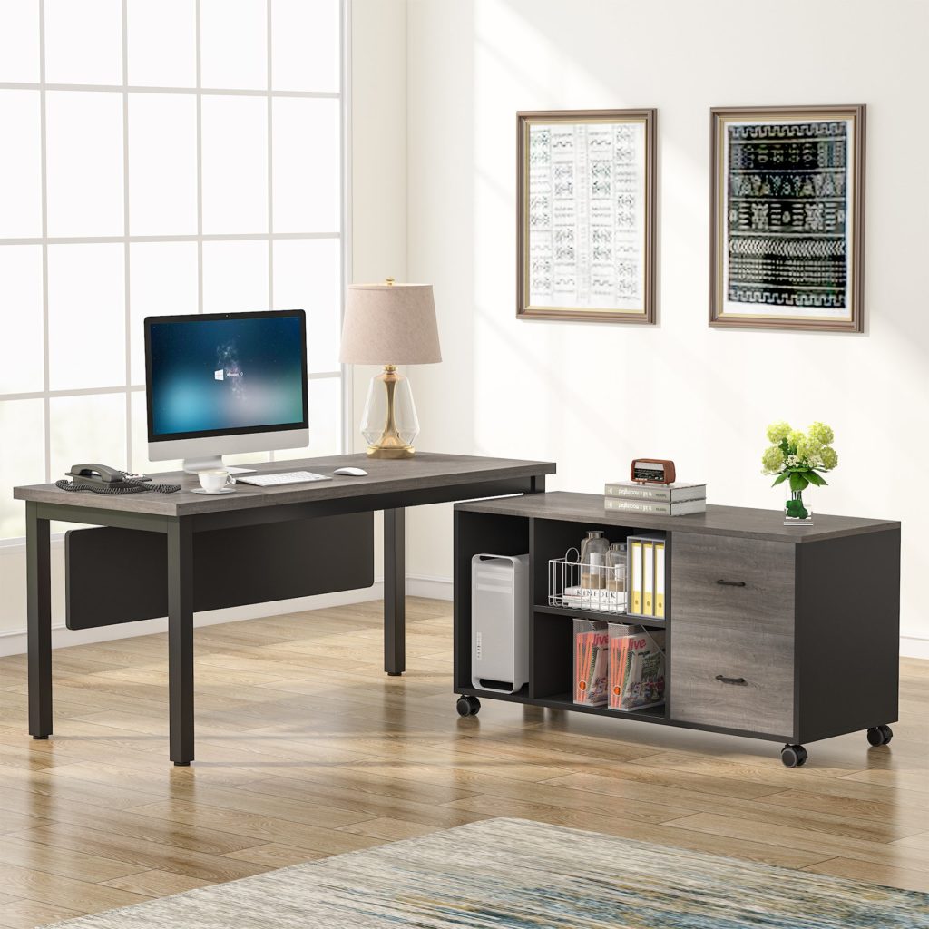 L-Shaped Desk, Executive Computer Desk with Storage Cabinet – MecaWorks ...